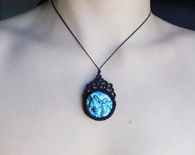 Abalone Shell Macrame Pendant, Black Macrame Choker With Abalone ...