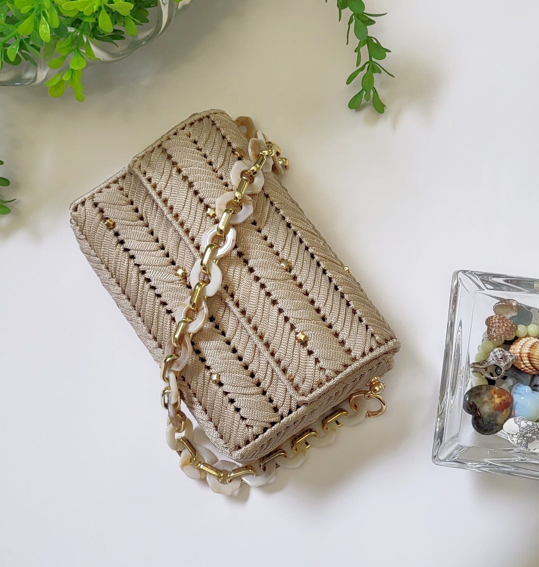 Beige Gold Hand Knitted Purse, Small Beaded Hand Woven Shoulder Bag - Etsy