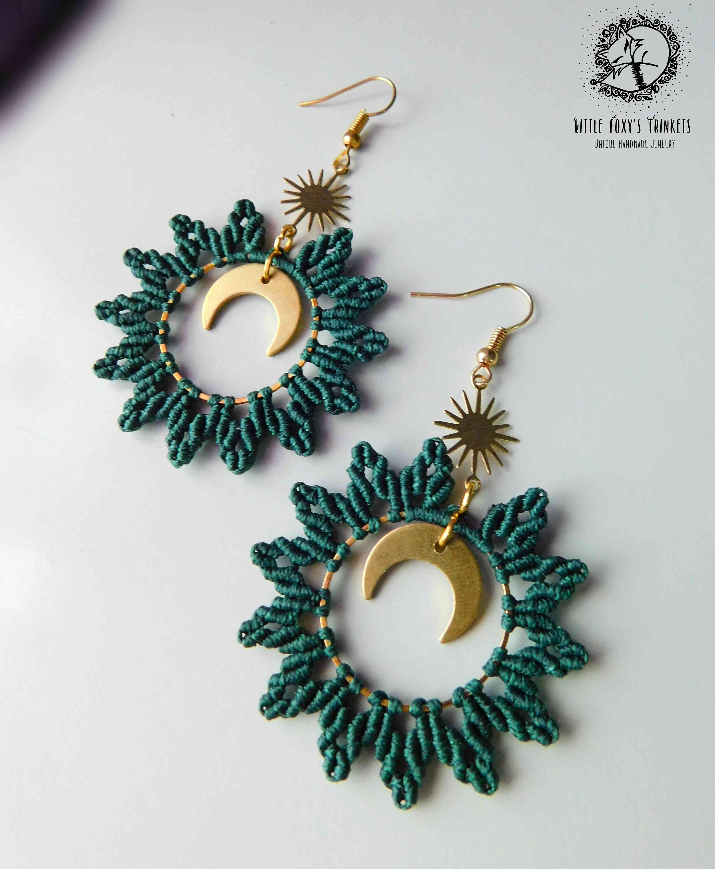 Celestial Macrame Flower Hoops with Moons and Suns / Black | Etsy