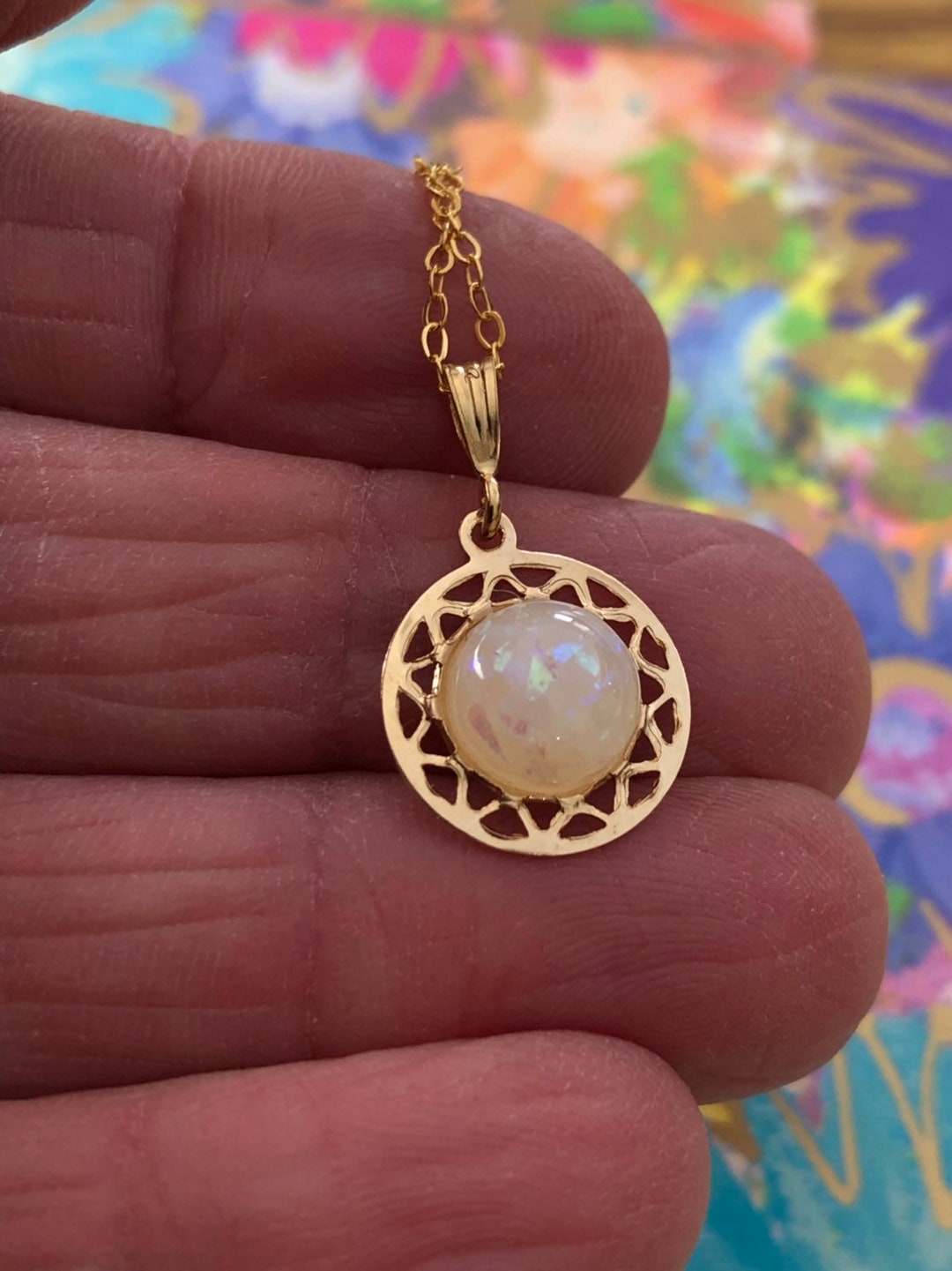 14 Kt Gold Cremation Necklace With Patterned Border, Memorial Necklace ...