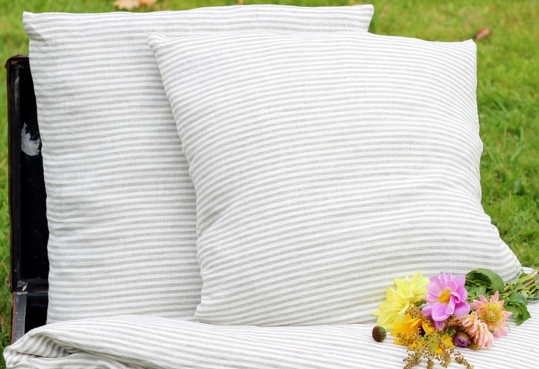 Set of 2 STANDARD, 24" 26" 28" 30" STONE WASHED White, Striped Linen ...