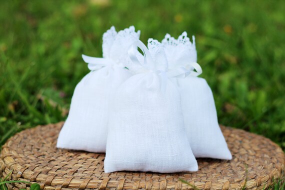 Set of 10 White Linen flax Bags Pouch With Lace and White - Etsy