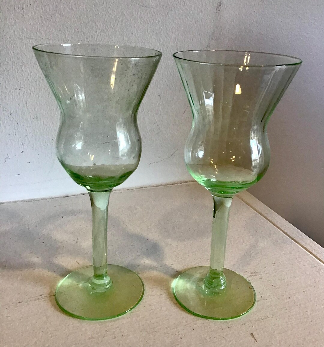 2 Green Uranium Glass Art Deco Ribbed Optics Wines Glasses 1920’s - Etsy