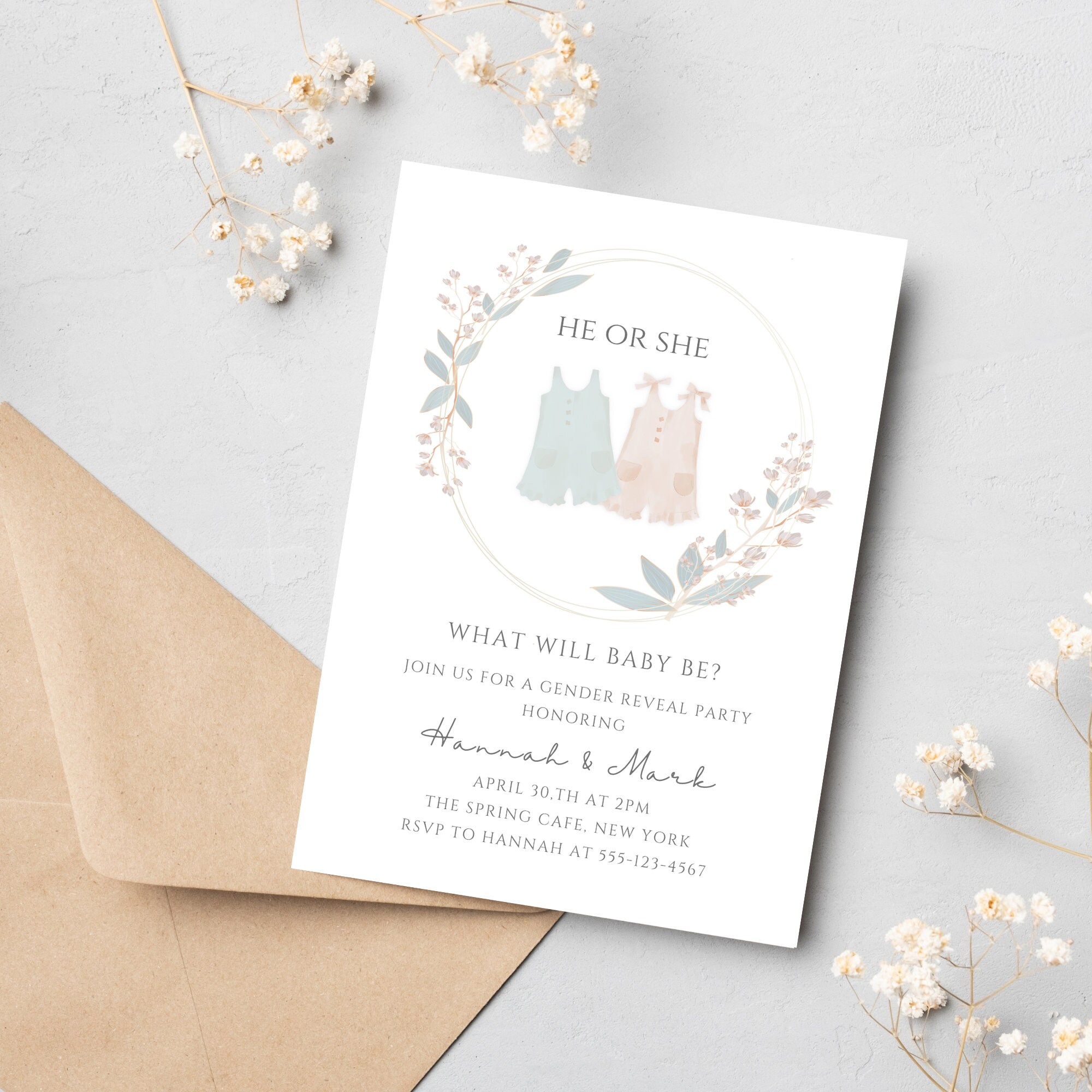 Sage and Pink Gender Reveal Invitation, Digital Gender Reveal ...