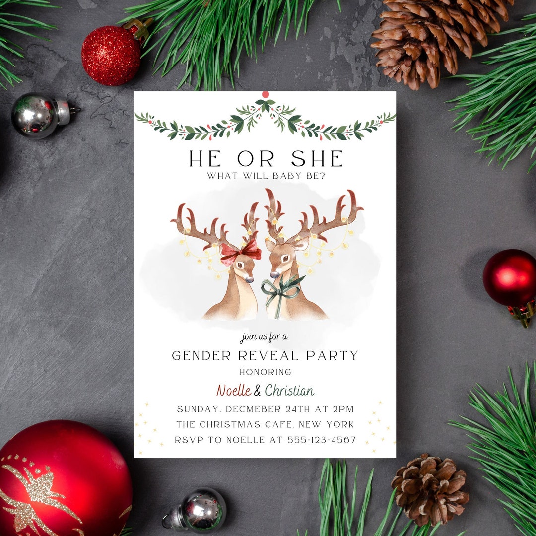 Christmas Gender Reveal Invitation, Reindeer Gender Reveal, He or She ...