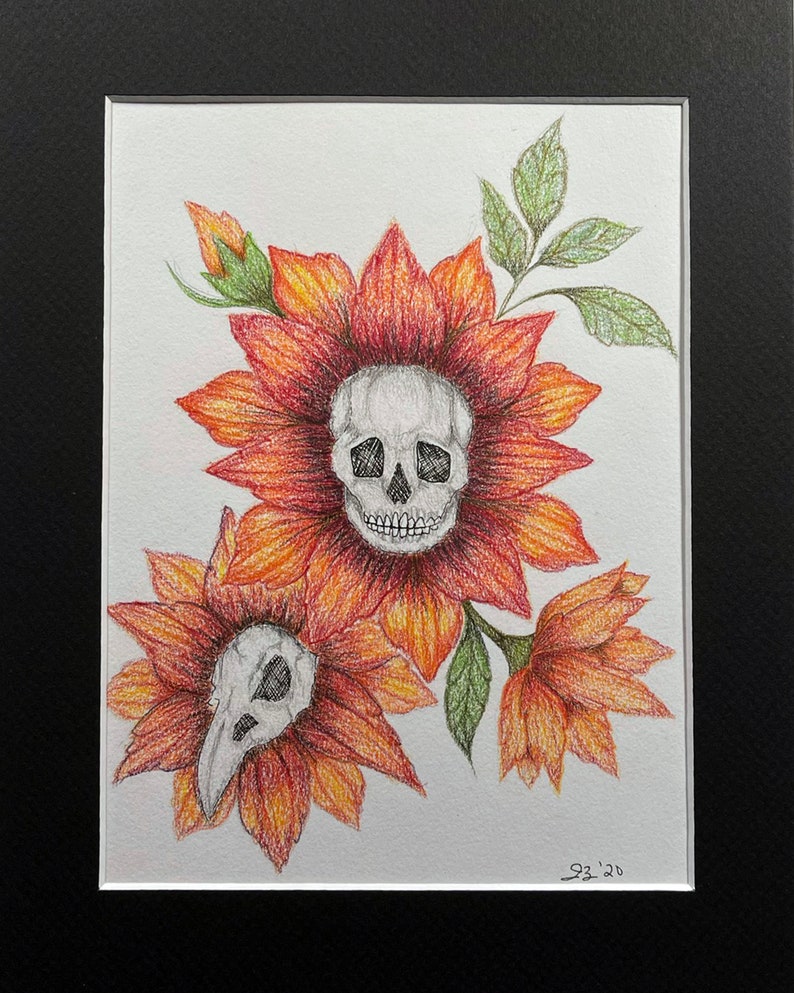 Original Art Colored Pencil Drawing Skulls and Flowers - Etsy