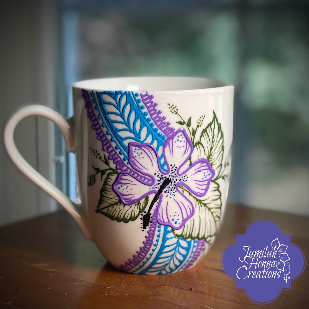 Upcycled Coffee Mug White With Purple Hibiscus Flower - Etsy