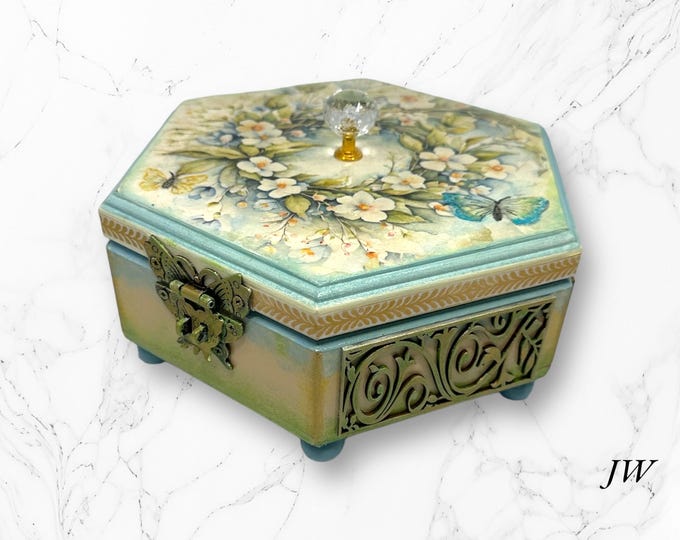 Jewelry Box, Jewellery Box, Keepsake Box, Wooden Box, Hexagonal Wooden ...