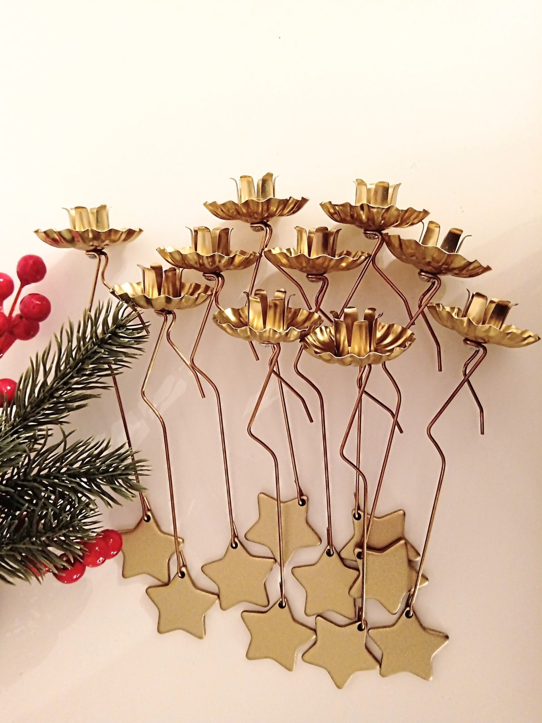10x Christmas Tree Candle Holder Gold Pendulum Candle Holder, Vintage ...