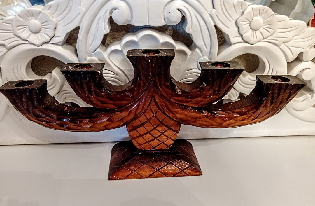 Wonderful Vintage Swedish Wood Hand Carved Pattern Wooden Candelabra 5 ...