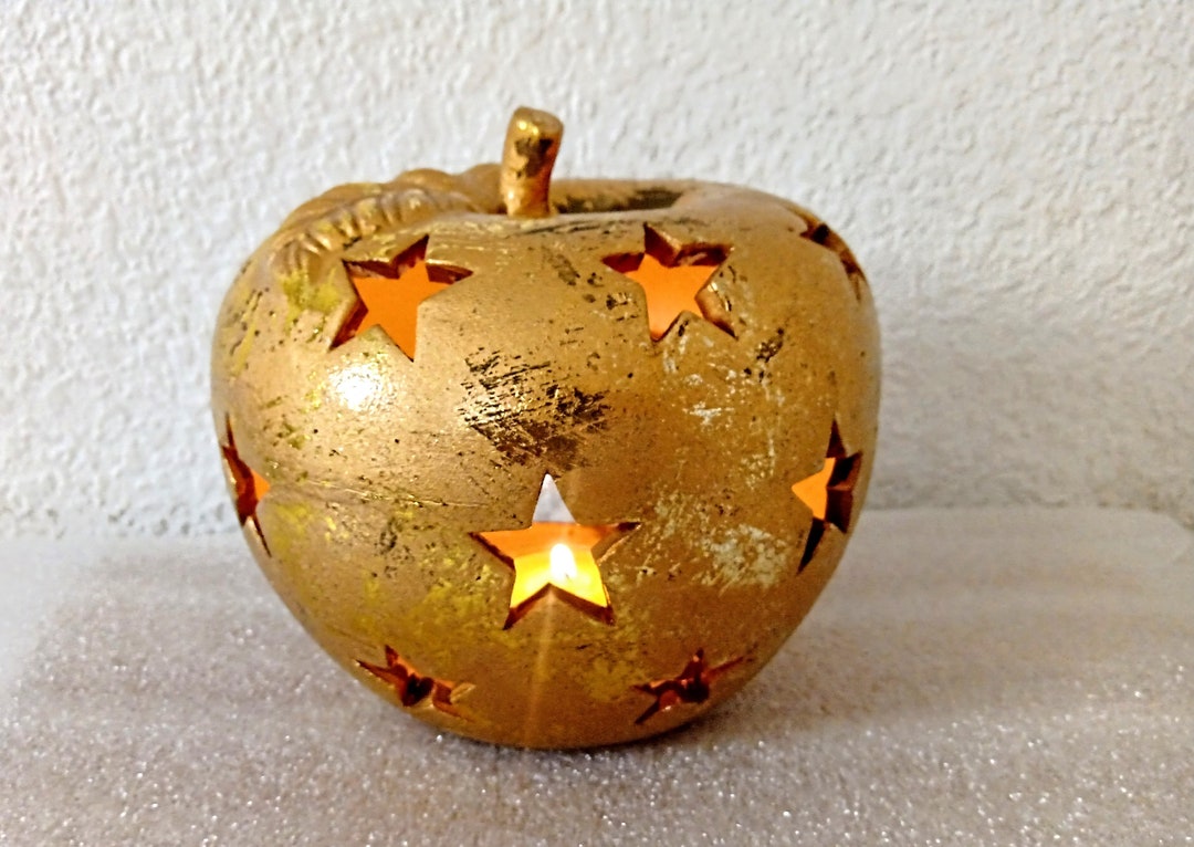 Large Vintage Golden Apple With Stars Candle Holder Gold Apple Lantern ...