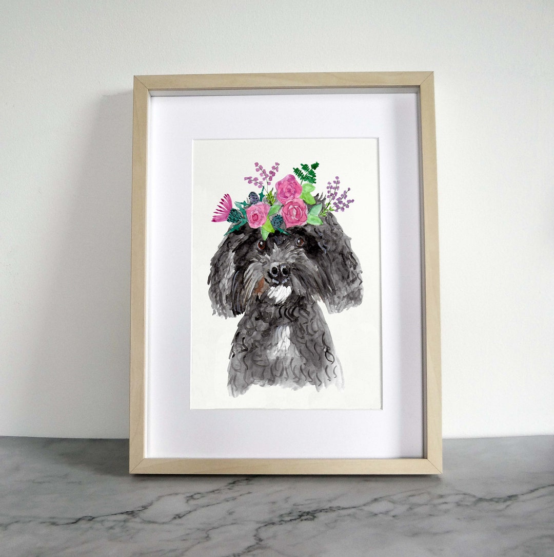 Cavapoo Art Print, Pink Flower Crown, Black Cavapoo Print - Etsy