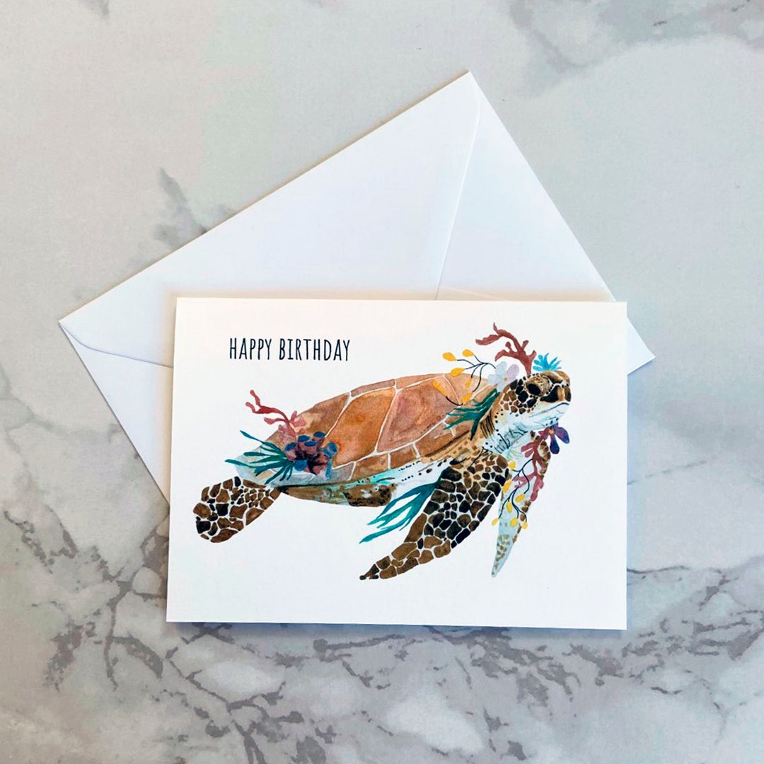 Turtle Birthday Card, Turtle Card, Animal Birthday Card, Sea Animal ...