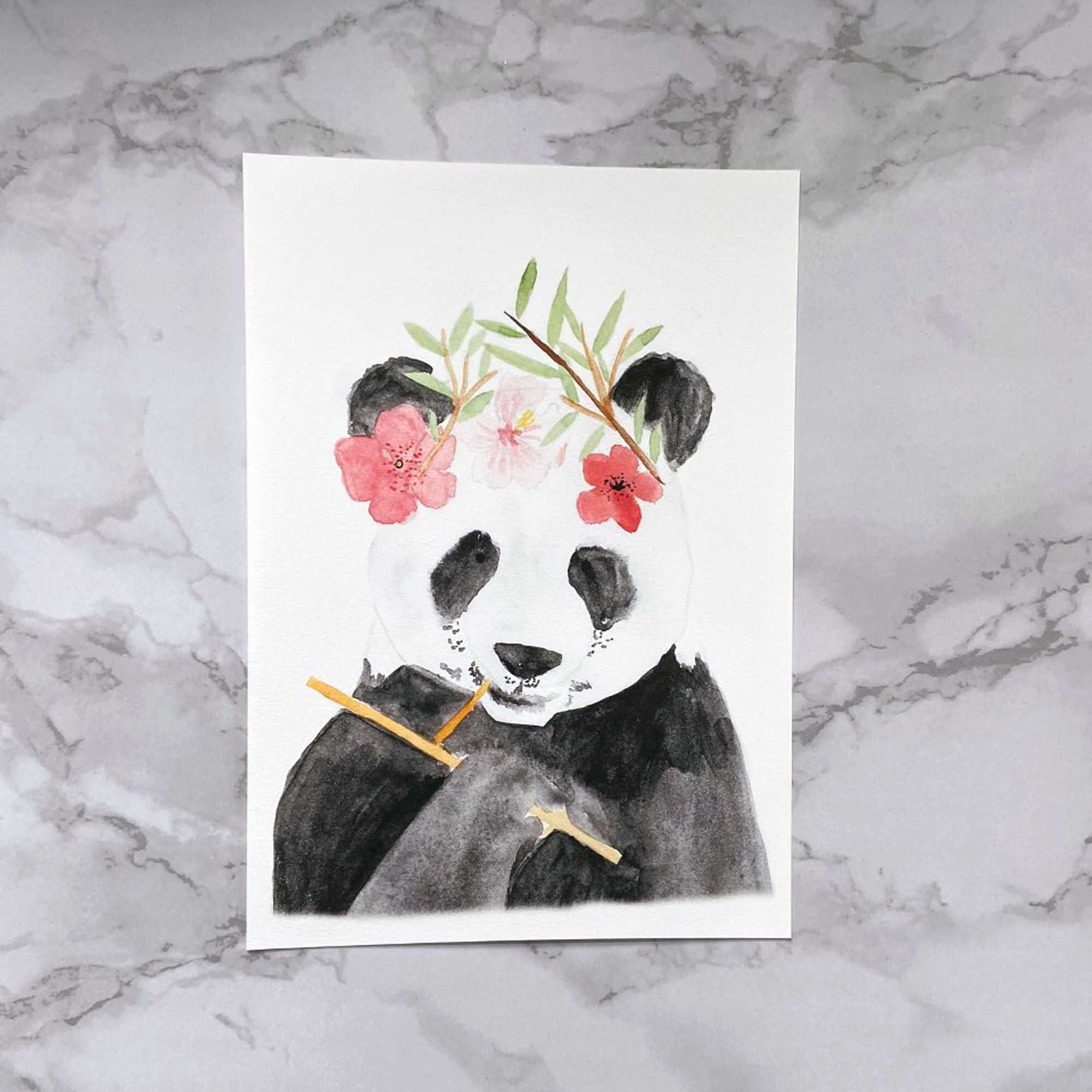 Panda Art Print, Animal Print, Floral Wall Print, Wild Animal Art Print ...