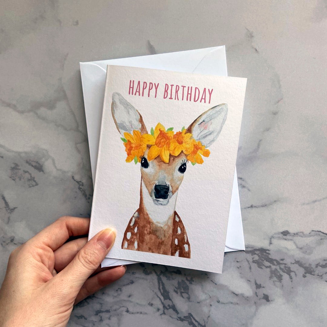 Fawn Birthday Card, Deer Birthday Card, Fawn Flower Card - Etsy