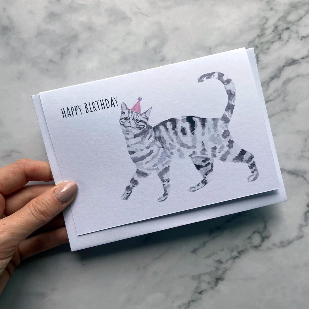 Cat Birthday Card, Grey Tabby Cat Birthday Card, Cat Card, Pink Party ...