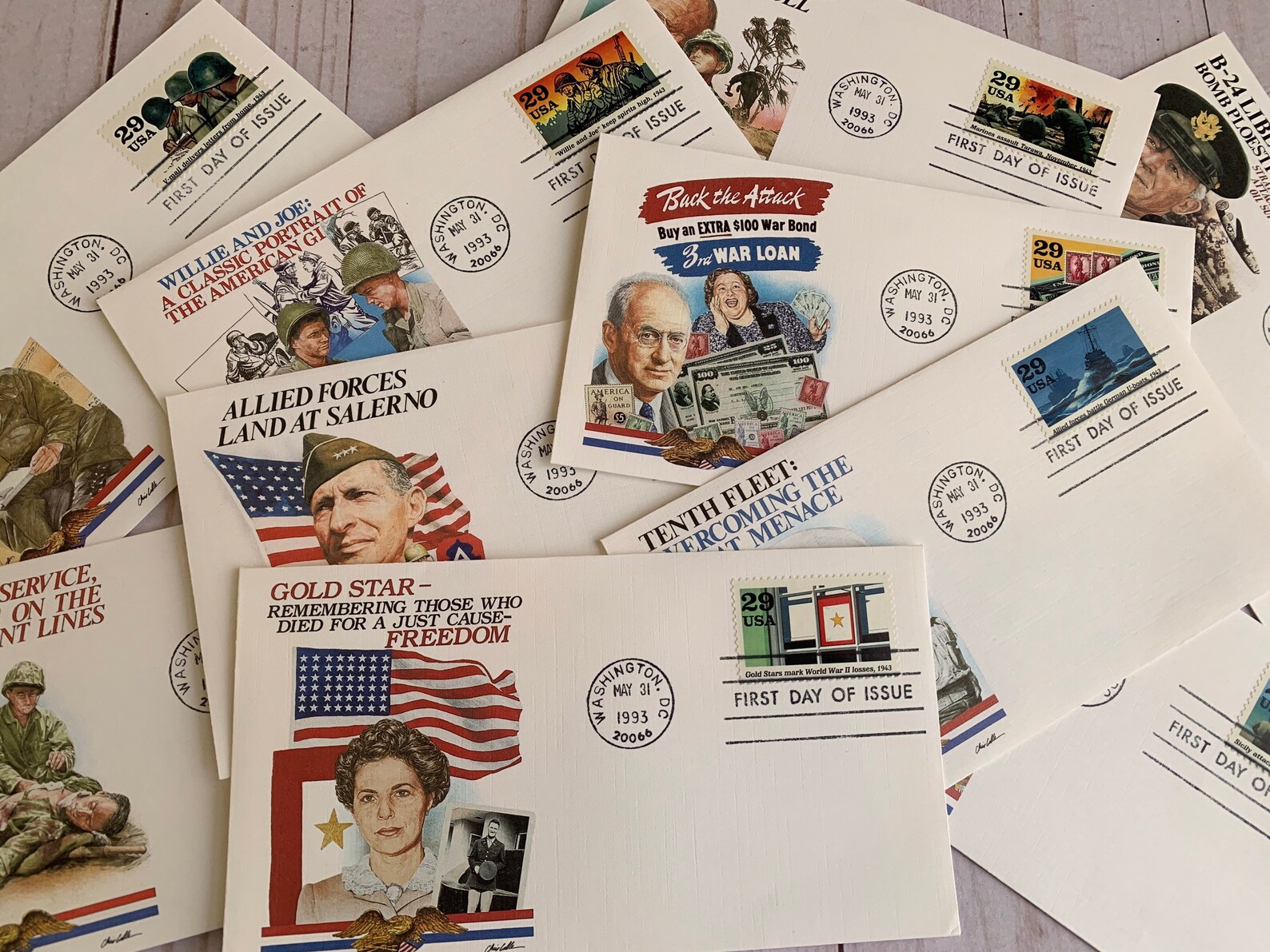 Ten First Issue Stamp and Artwork on Envelopes of WW2 Images. Beautiful ...