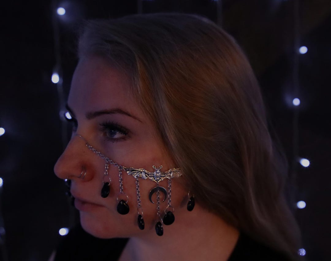 Bat Face Chain With Black Obsidian and Crescent Moon Charms | Gothic ...