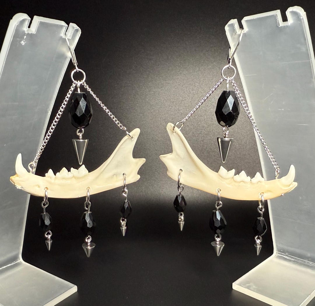 Bobcat Bone Earrings | Real Bone Gothic Jewelry | Black Glass Beads ...