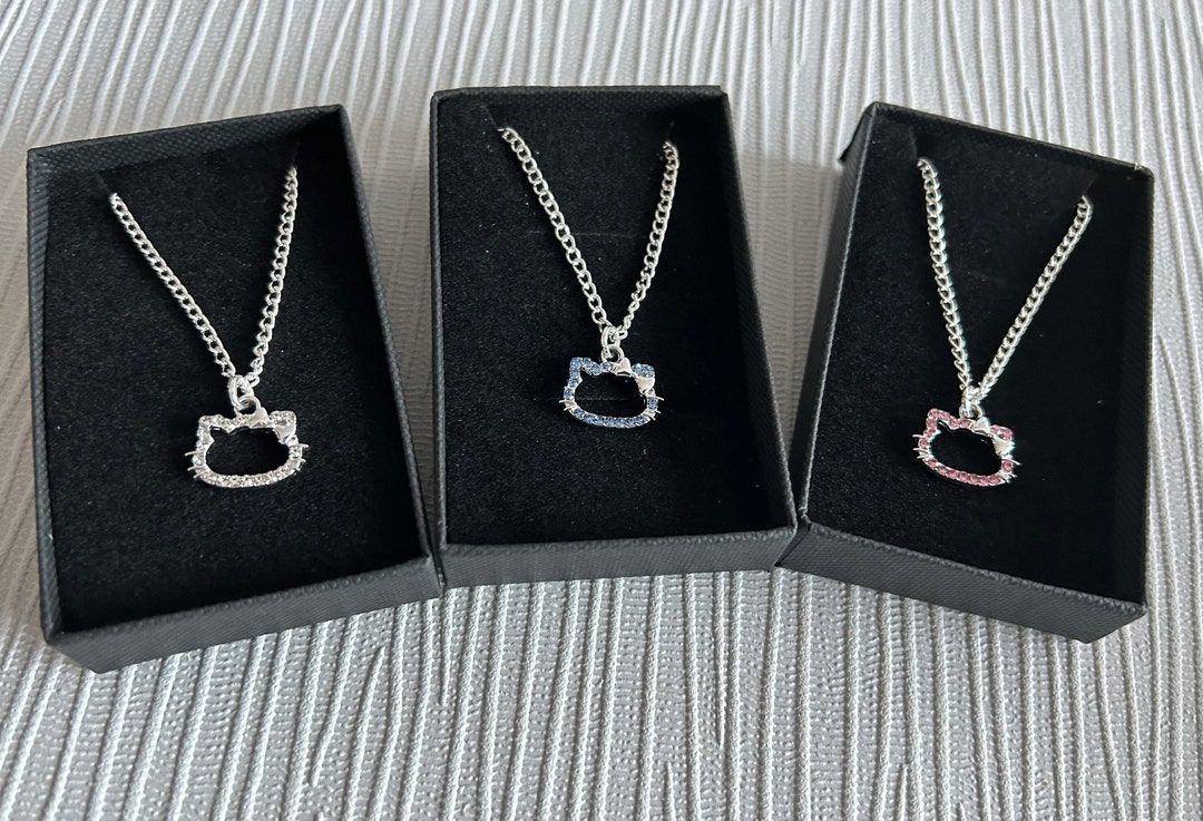 Kitty Necklace, Kitty Rhinestone Head Pendant, Clear, Blue Green or ...