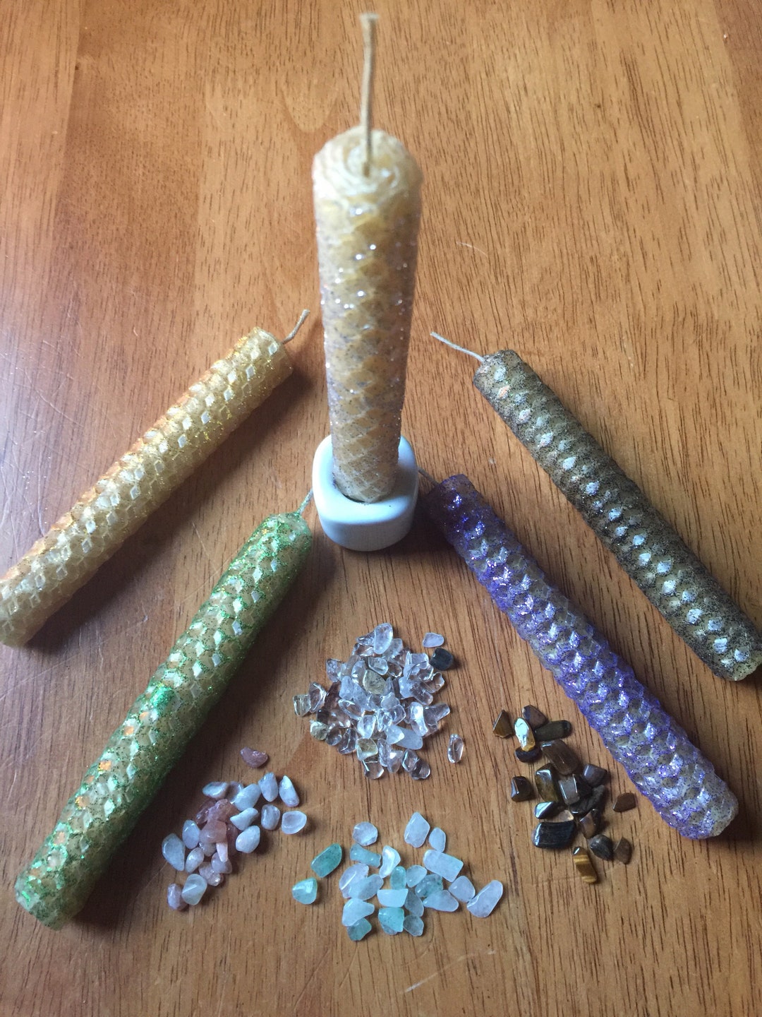 Mini Beeswax Rolled Candles- Chime Candles- Glitter and Gemstones - Etsy