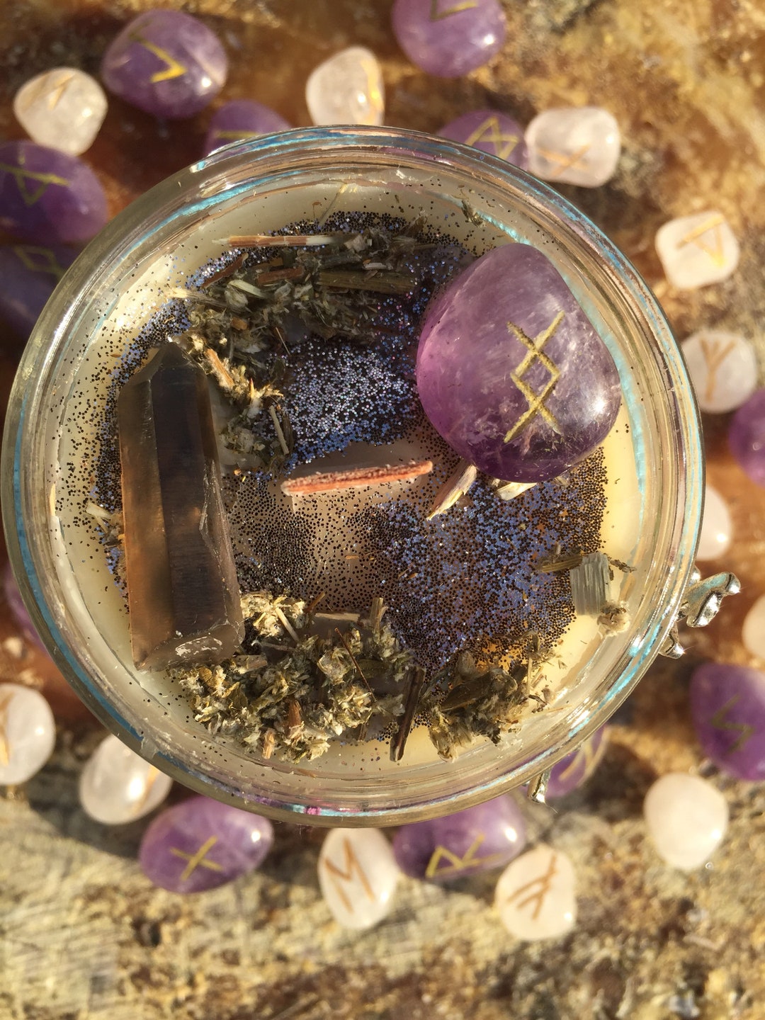 Seidr Rune Candle- 3 Mystery Runes- Smoky Quartz Point- Natural Beeswax ...