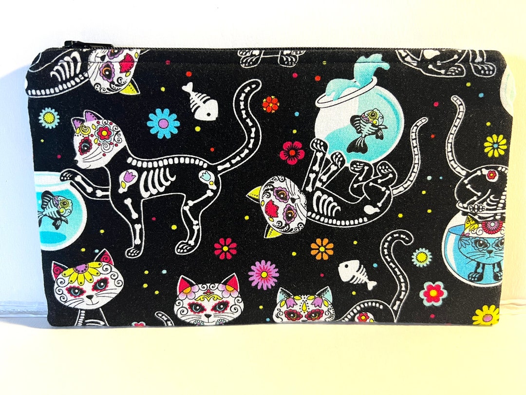 Cat Skeleton Flat Zipper Pouch, Sugar Skull, Day of the Dead Fabric ...