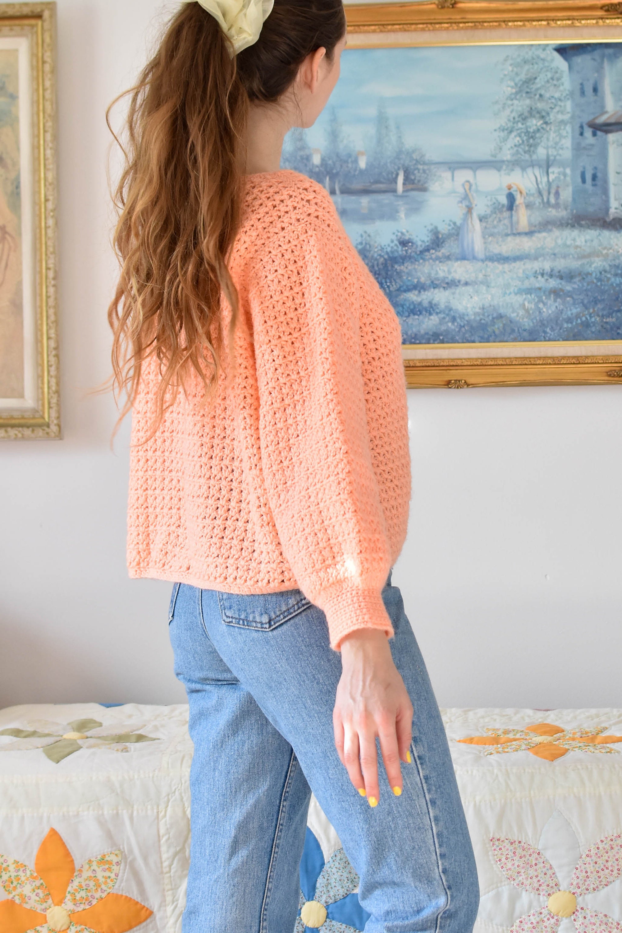 Vintage Peach Knit Sweater / Scalloped Neck / Medium / Hand Knit ...