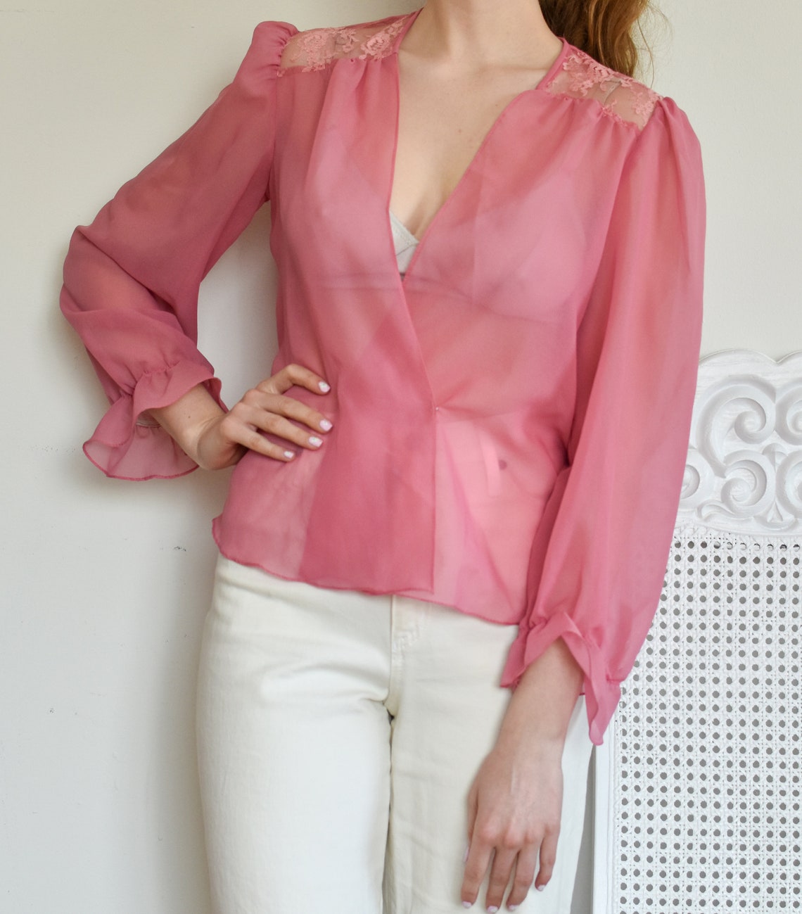 Vintage Sheer Pink Chiffon Blouse With Ruffled Cuffs And Etsy