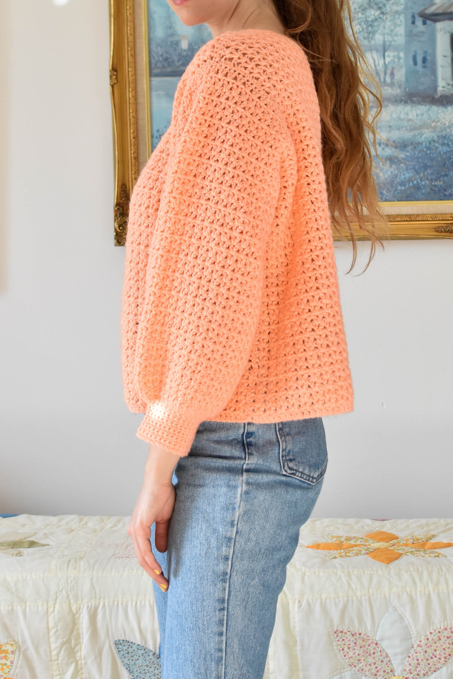 Vintage Peach Knit Sweater / Scalloped Neck / Medium / Hand Knit ...