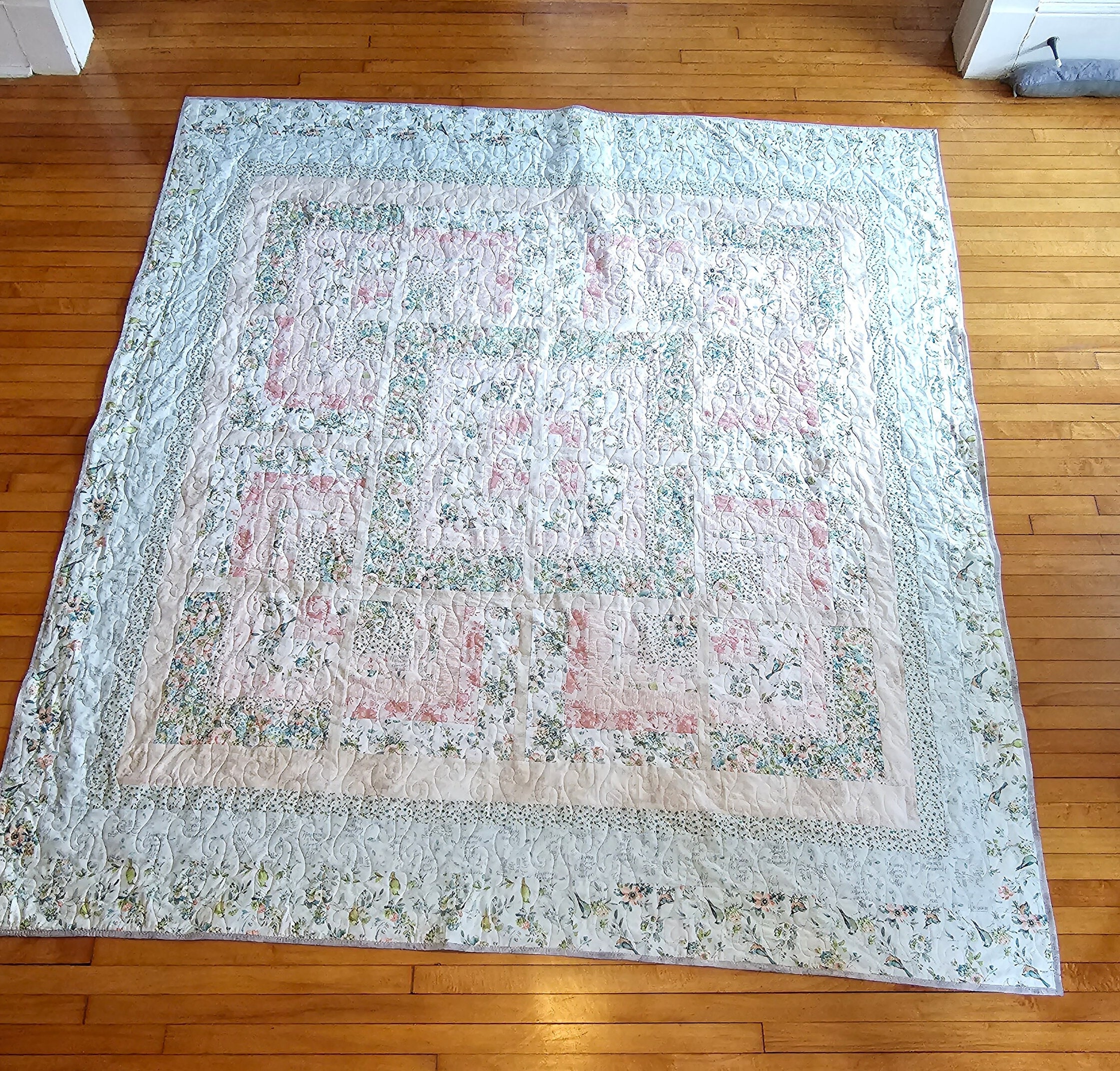 Mint and Pink Queen-size Bed Quilt, Cotton Cottage Patchwork, Quilted ...