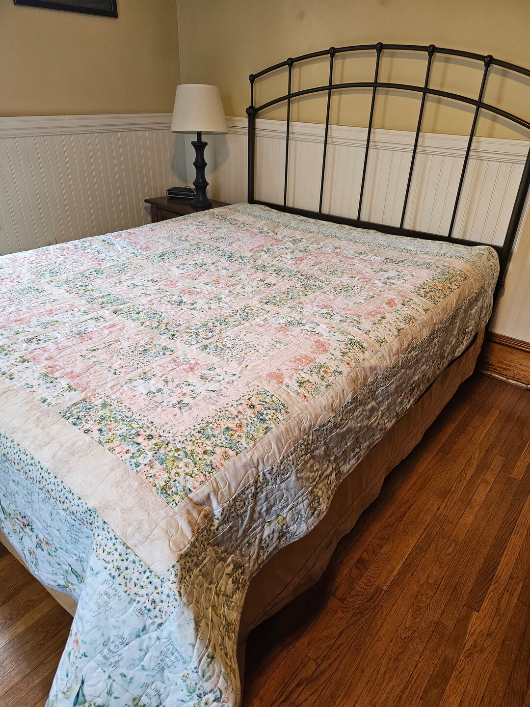 Mint and Pink Queen-size Bed Quilt, Cotton Cottage Patchwork, Quilted ...