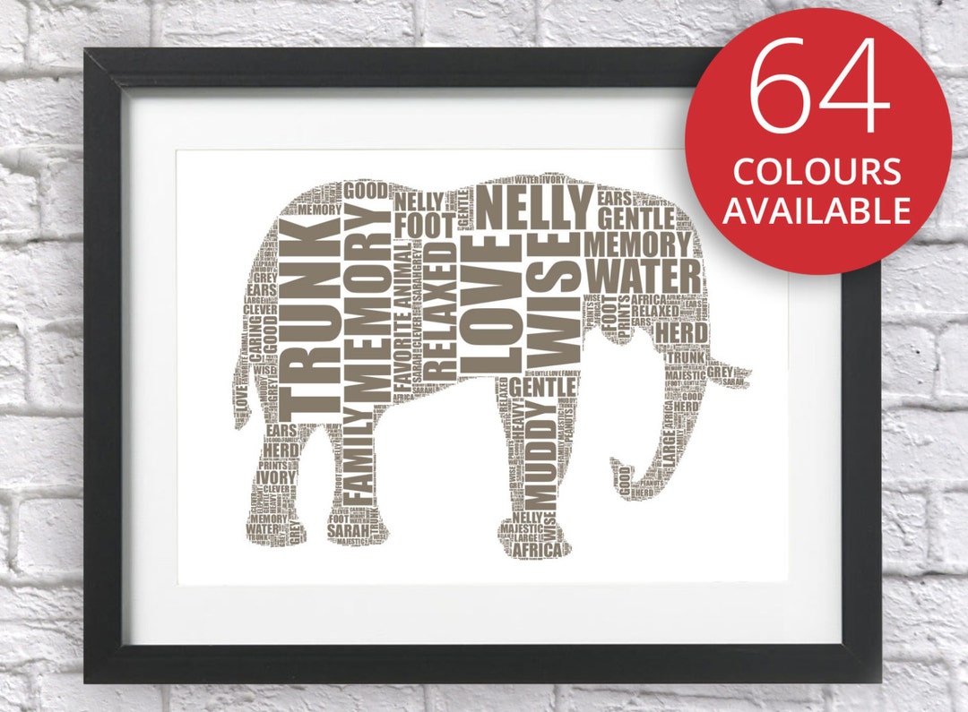 Digital Elephant Word Art Print Personalised Elephant Print Elephant ...