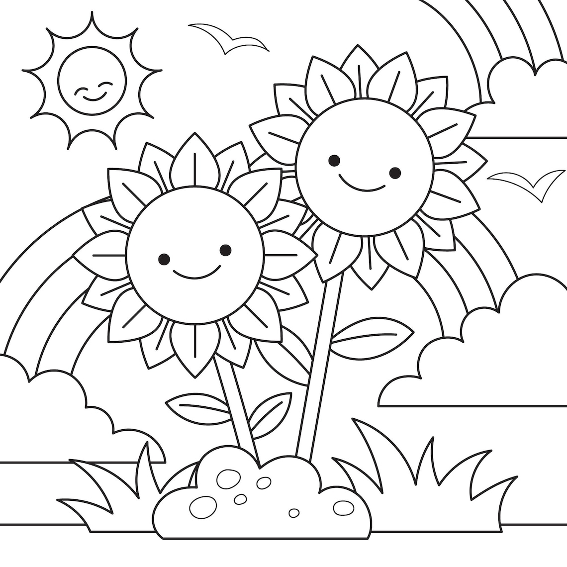 Cute Sunflower Coloring Page - Etsy