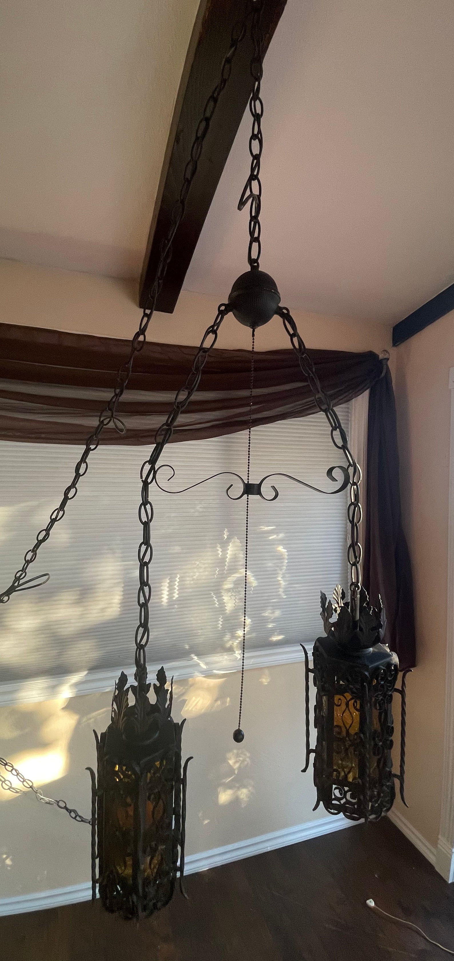 Vintage 2 Hanging Swag Lamp Plug in Light Amber Gold Glass Fixture Swag ...