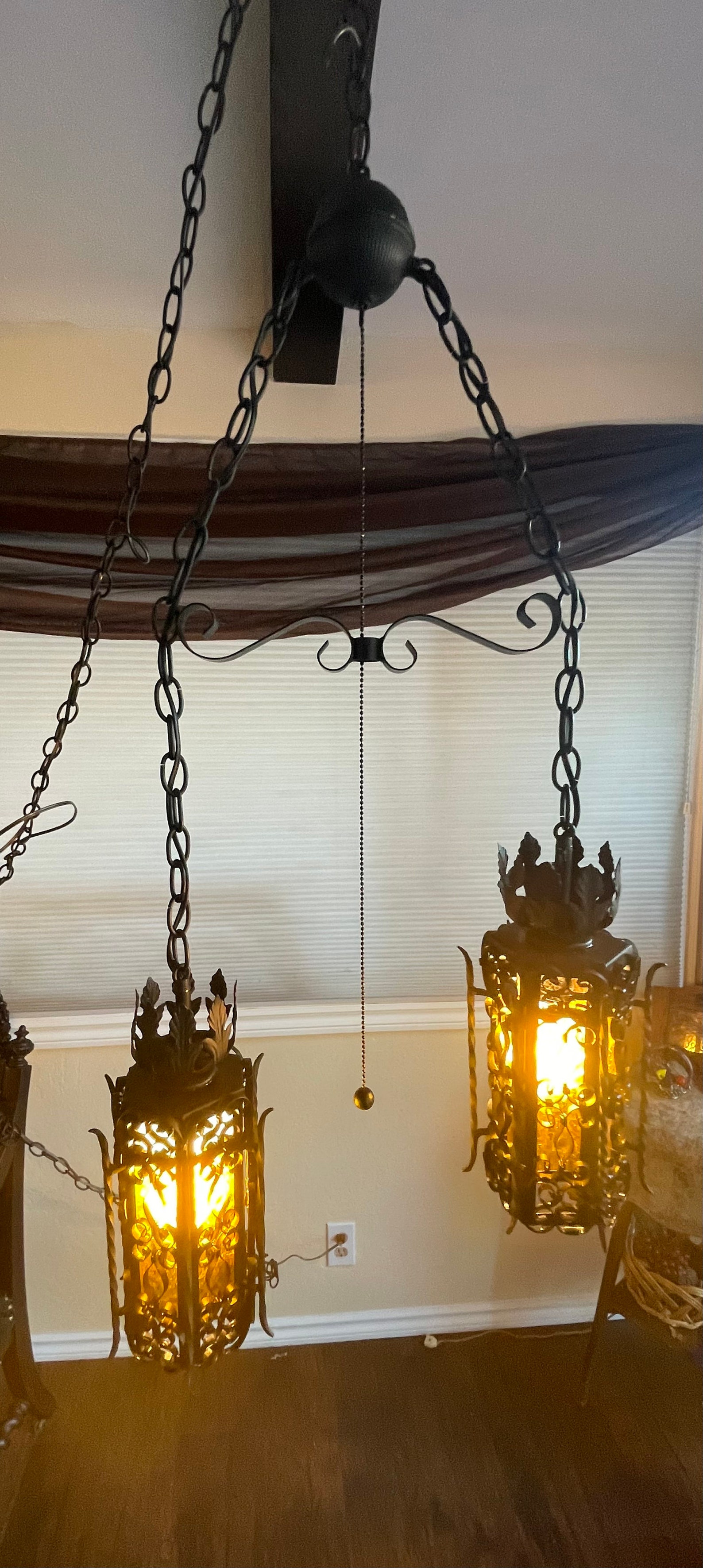 Vintage 2 Hanging Swag Lamp Plug in Light Amber Gold Glass Fixture Swag ...