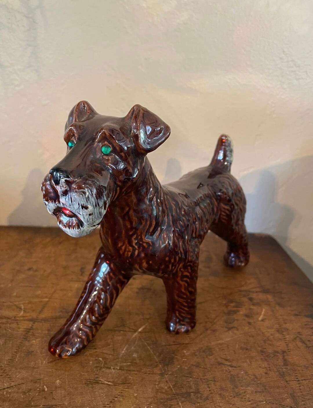 Vintage Brown Glazed Ceramic Terrier Dog Figurine Rhinestone Green Eyes ...