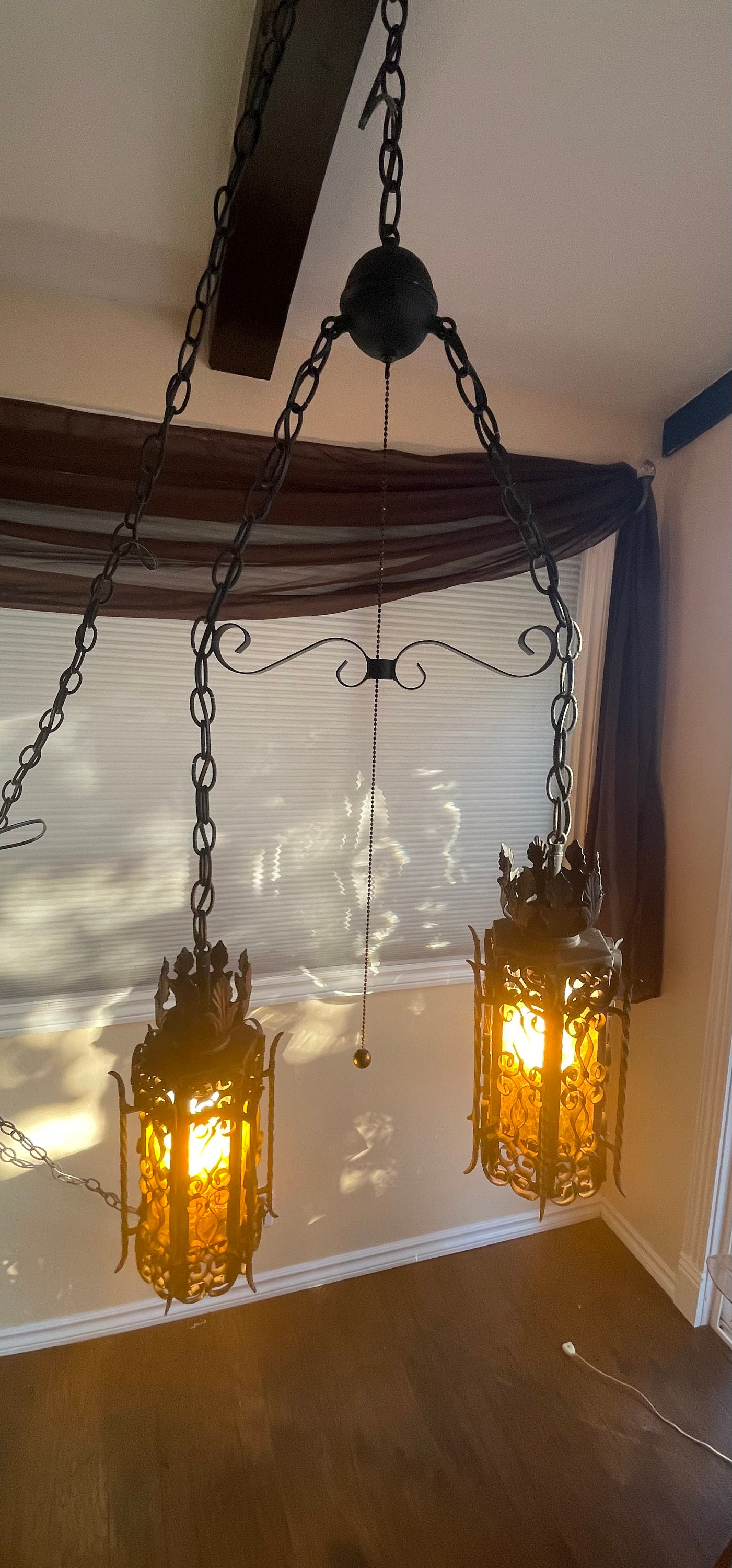 Vintage 2 Hanging Swag Lamp Plug in Light Amber Gold Glass Fixture Swag ...