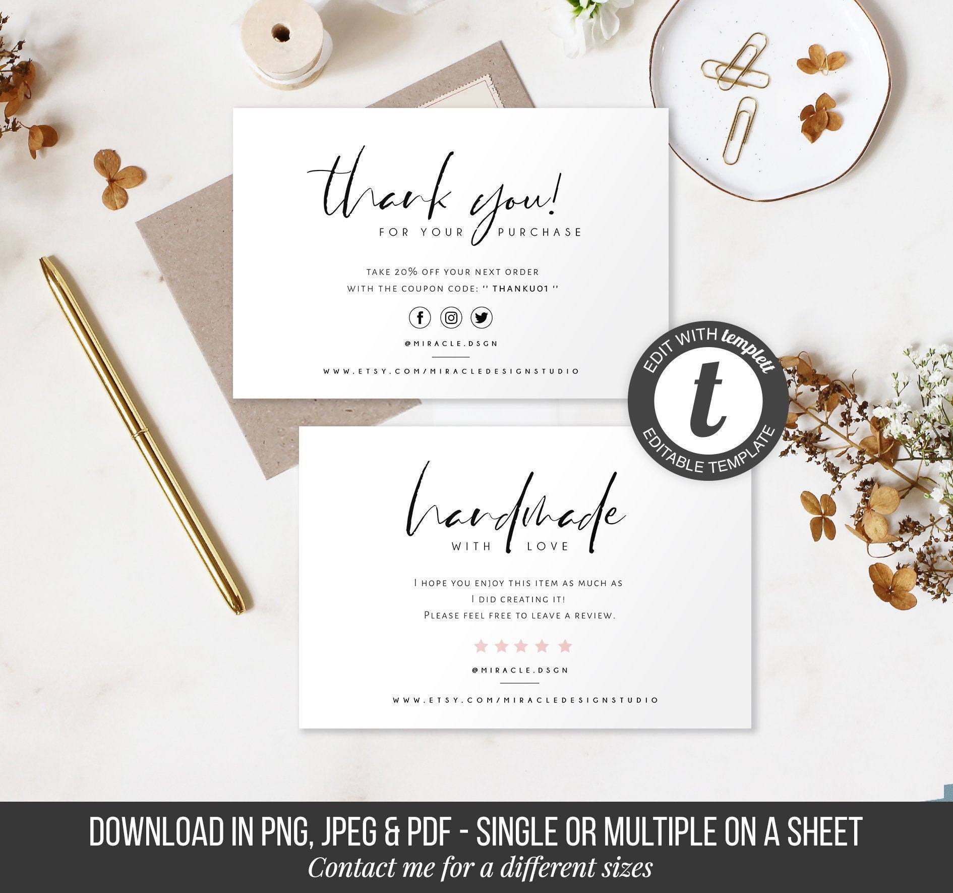 Business Thank You Cards Set Seller Card Printable | Etsy