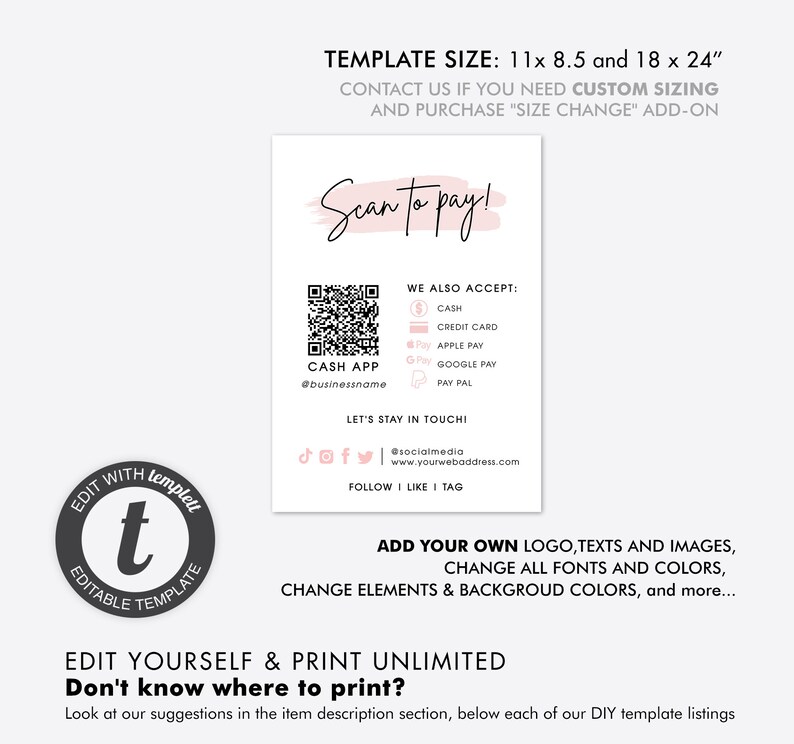 DIY Editable Scan to Pay Card QR Code Sign Printable Payment - Etsy