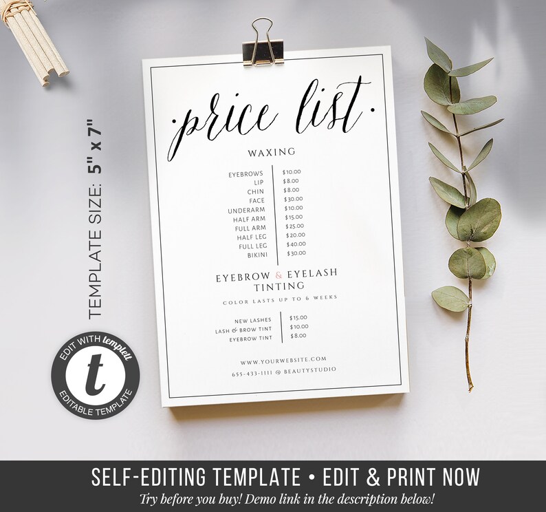 Price List Template - DIY Pricing List - Printable Price List - Custom ...