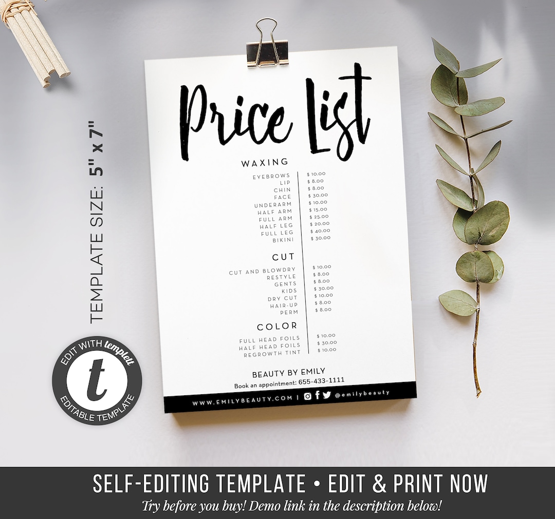 Business Price List, DIY Price List Template, Custom Pricing Guide ...
