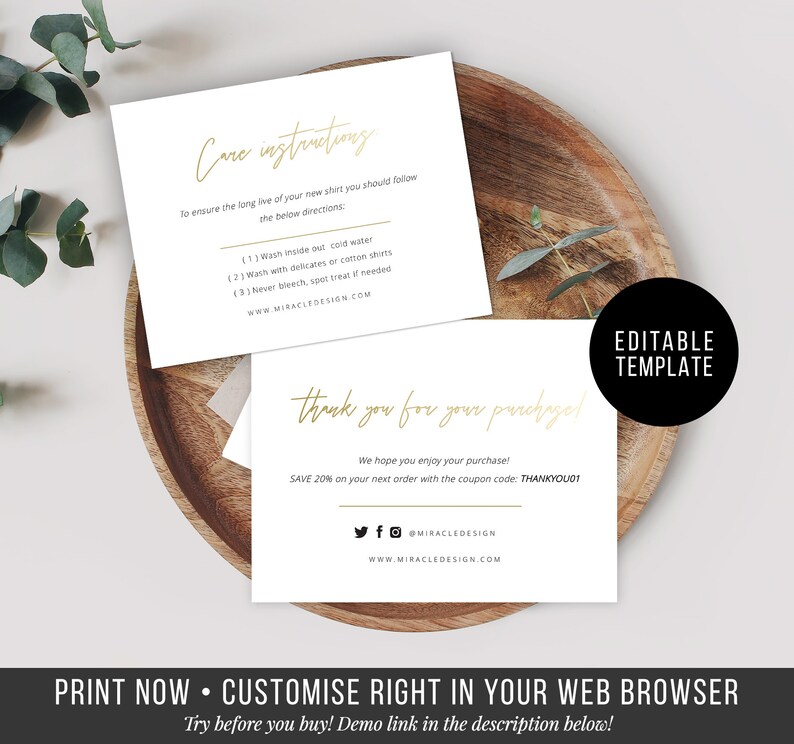 Product Care Card Template - Business Thank You Card - DIY Thank You ...