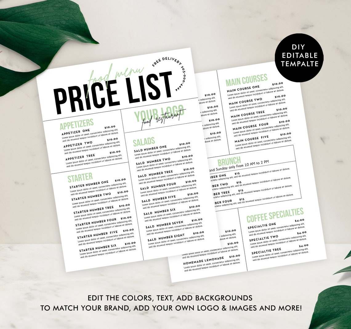 Restaurant Food Menu, DIY Business Menu Template, Editable DIY Template ...