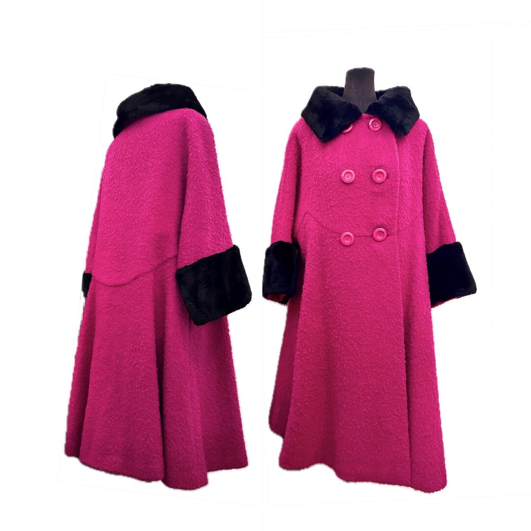 60's Fuchsia Hot Pink Fur Trim Swing Coat / Black Shirred Beaver Fur ...