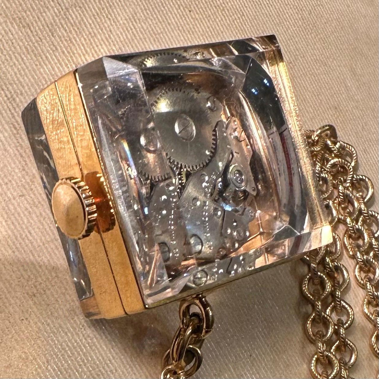 60s MCM Skeleton Watch Lucite Cube Necklace / Swiss Continental Watch ...