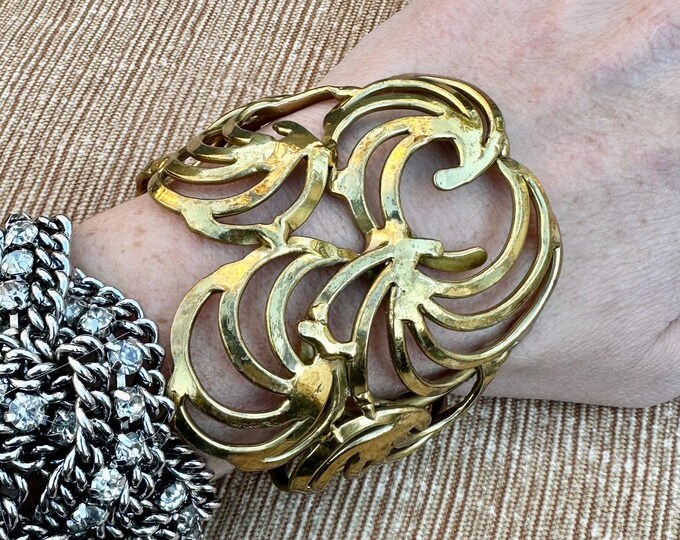 Dramatic Brutalist Hammered Brass Scroll Cuff / MCM Artisan Abstract ...