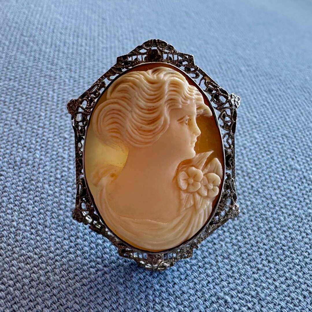 Art Deco 10k White Gold Italian Shell Cameo Brooch Pin / Antique 1920s ...