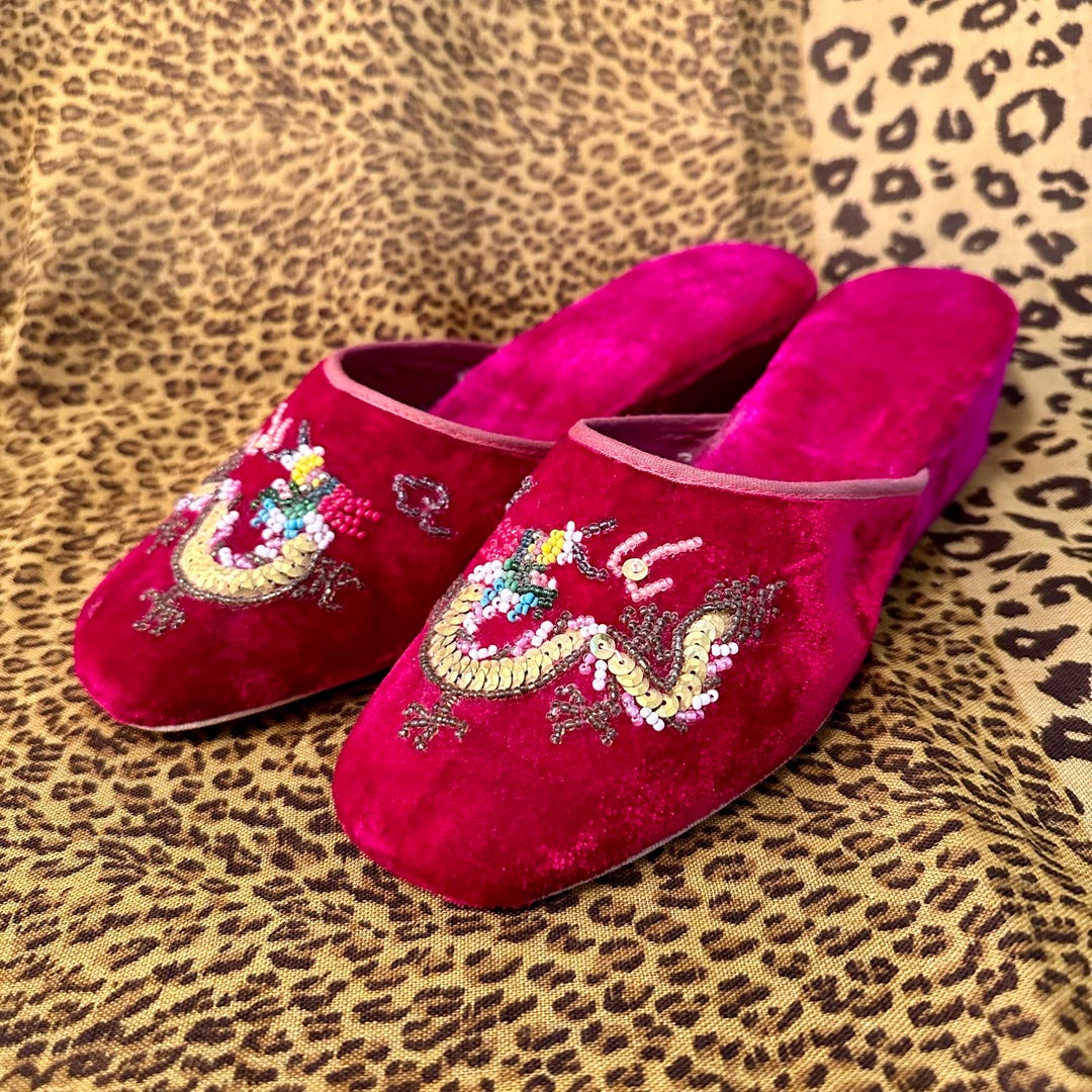 New Vintage 60s Red Velvet Chinese Slippers Hand Beaded Dragon Size 7 ...
