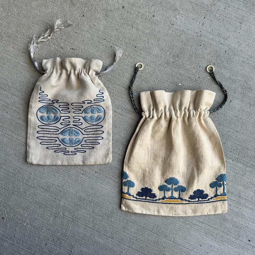 Arts & Crafts Embroidered Linen Purse Drawstring Pouch / 1920s ...